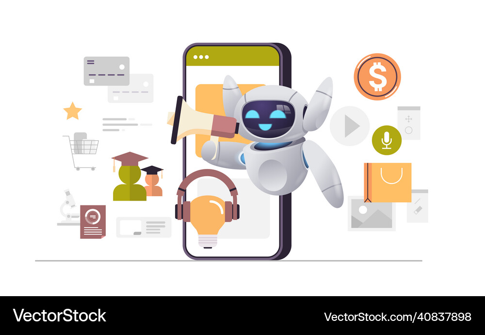 Robot using loudspeaker on smartphone screen Vector Image