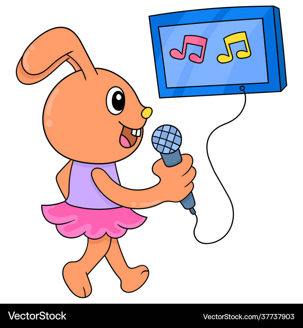 A happy faced lady bunny singing karaoke doodle Vector Image