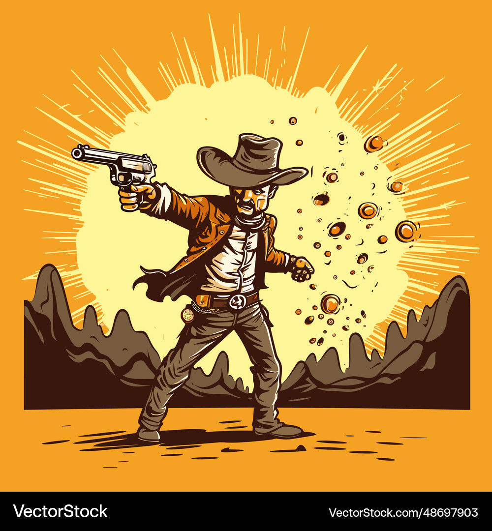 Cowboy with a gun shooting hand-drawn Royalty Free Vector