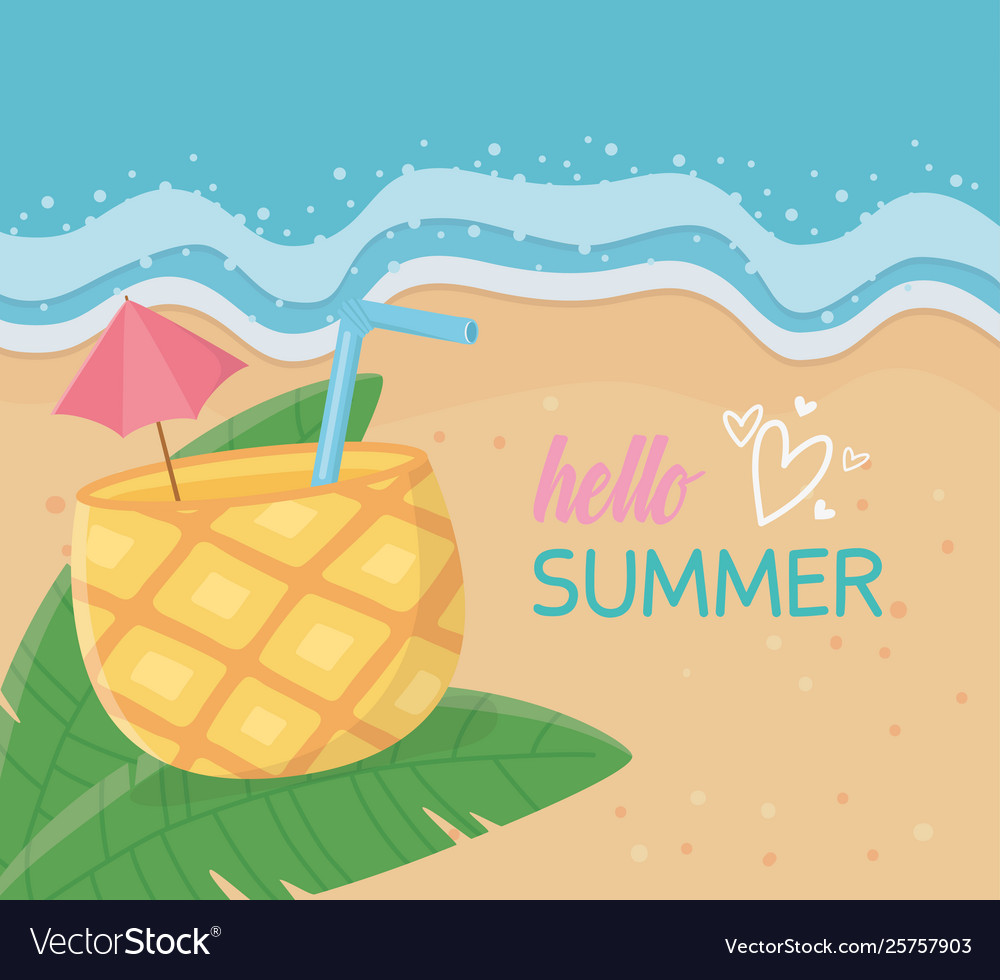 Hello summer poster with beach scene and pineapple