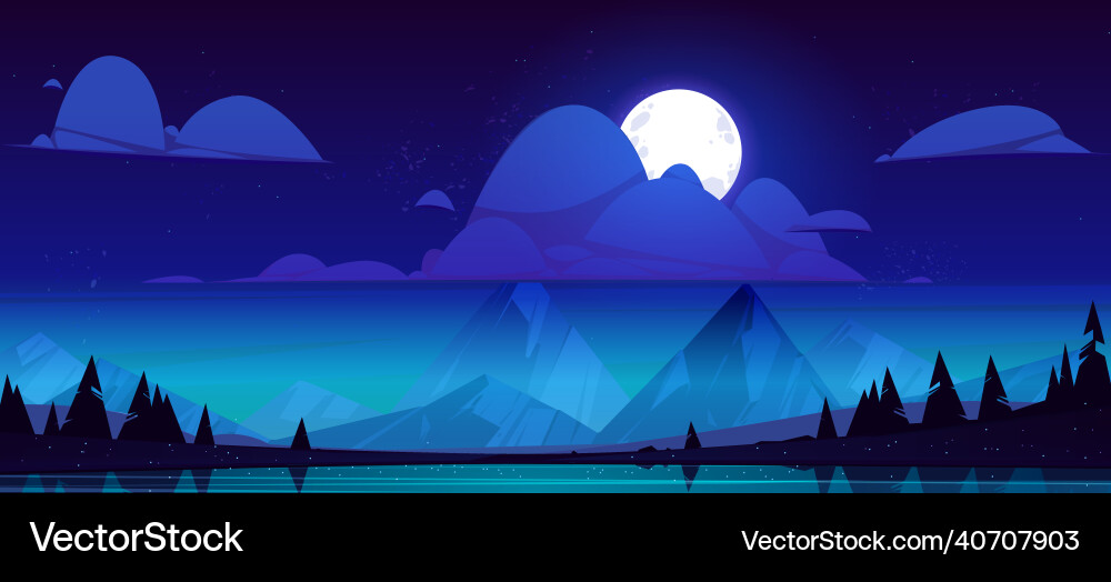 Night landscape with lake mountains and trees Vector Image