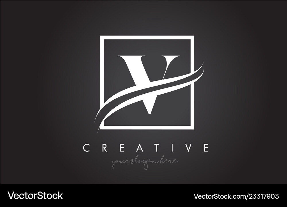 V letter logo design with square swoosh border Vector Image
