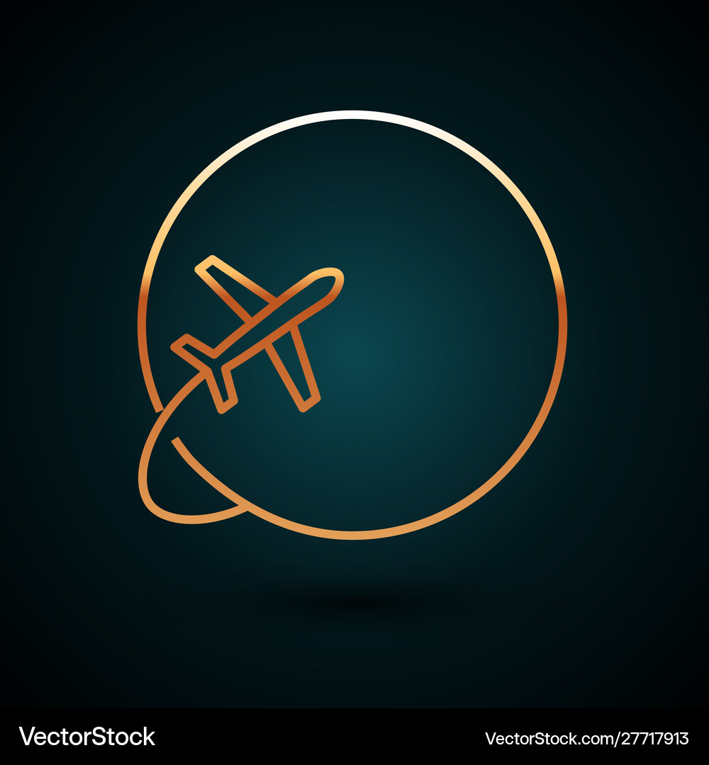Gold line globe with flying plane icon isolated Vector Image