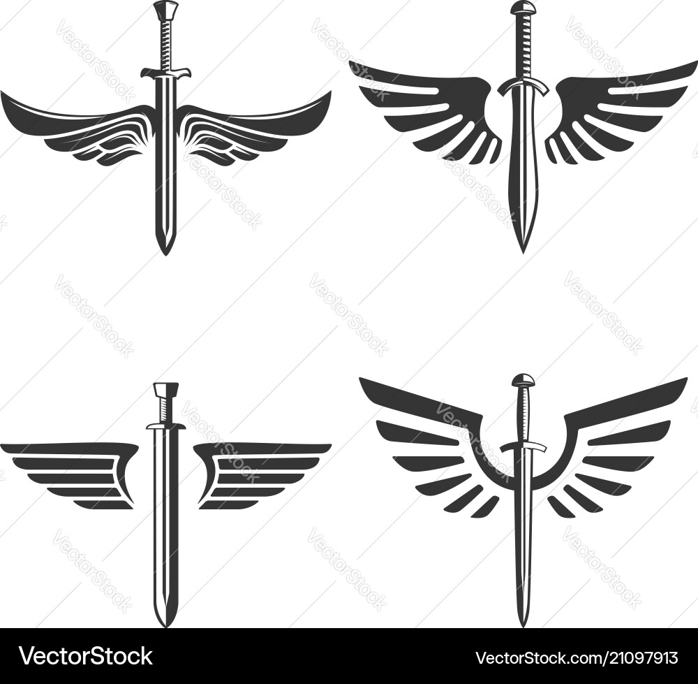 Set of emblems with medieval sword and wings Vector Image