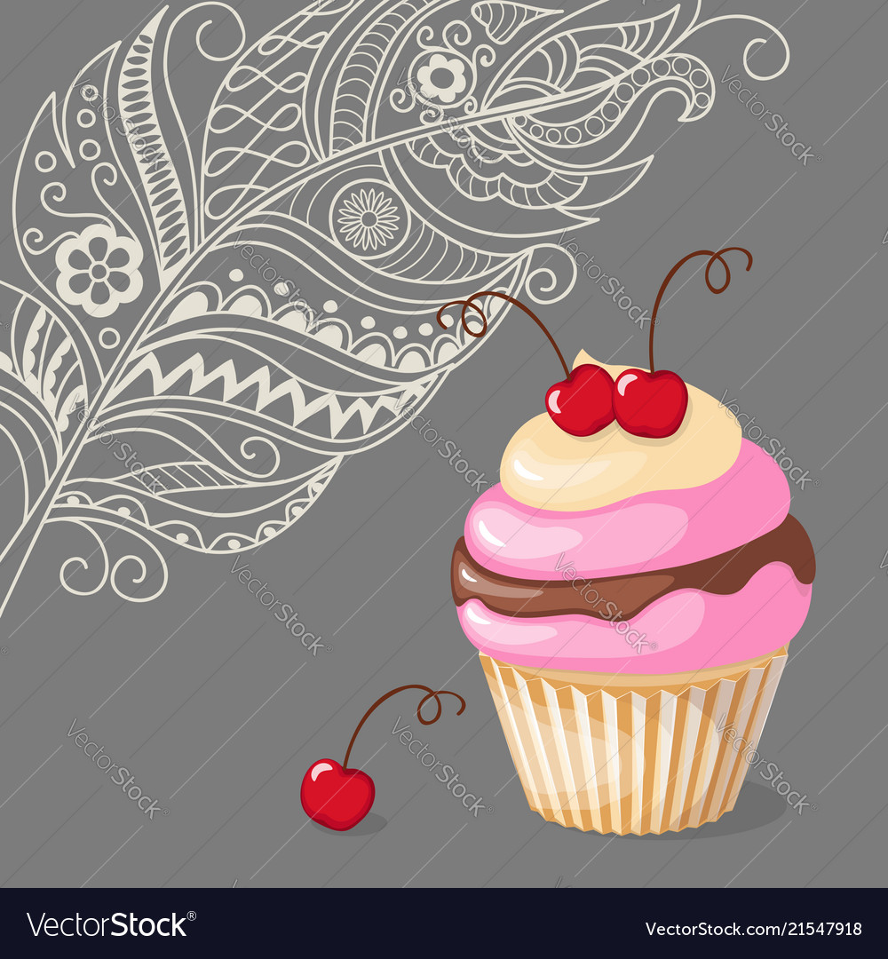 Cupcake with cherry on the boho background Vector Image