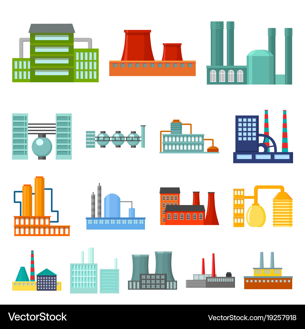Factory and facilities cartoon icons in set Vector Image
