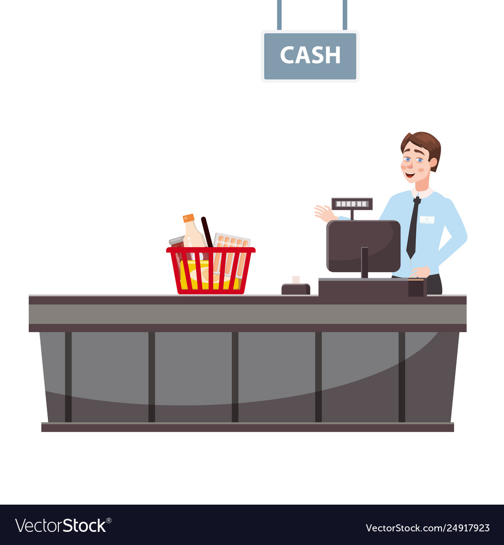 Cashier behind cashier counter in the Royalty Free Vector