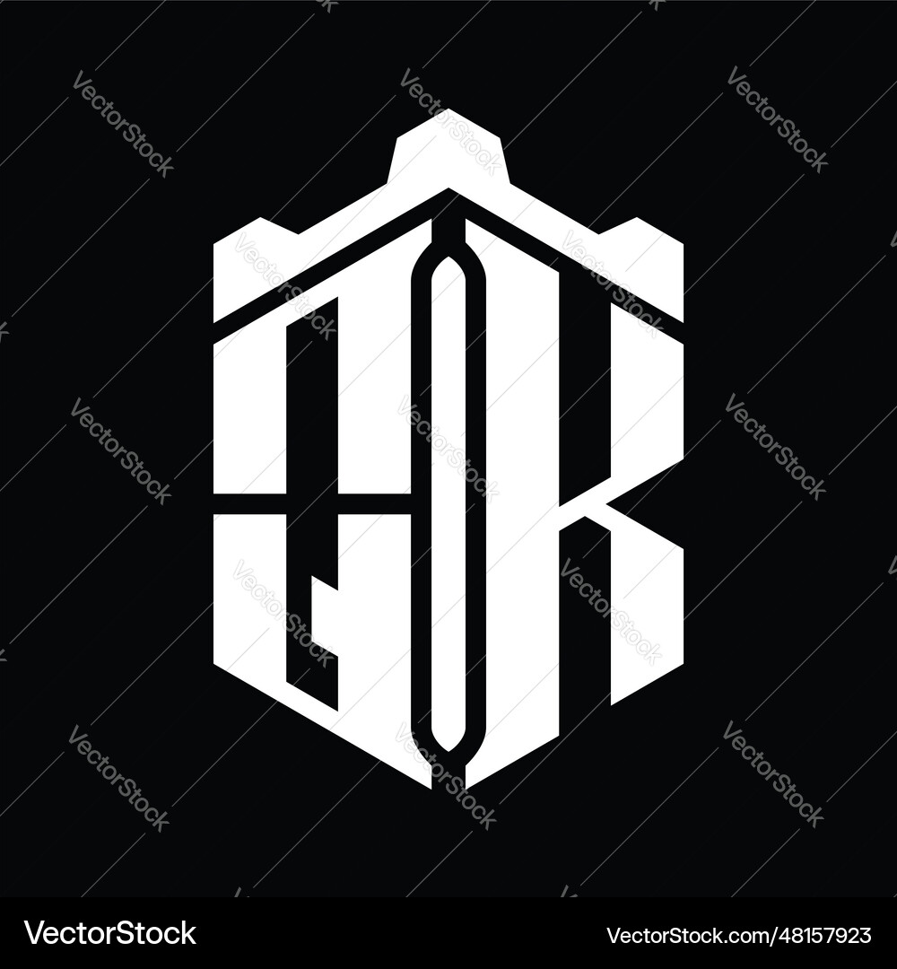 Qk letter logo monogram hexagon shape with crown Vector Image