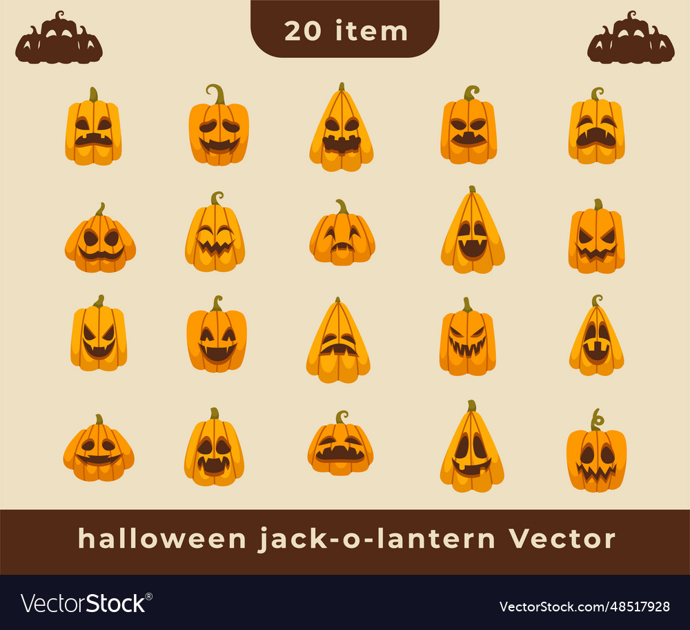 Collection halloween jack-o-lantern flat color Vector Image