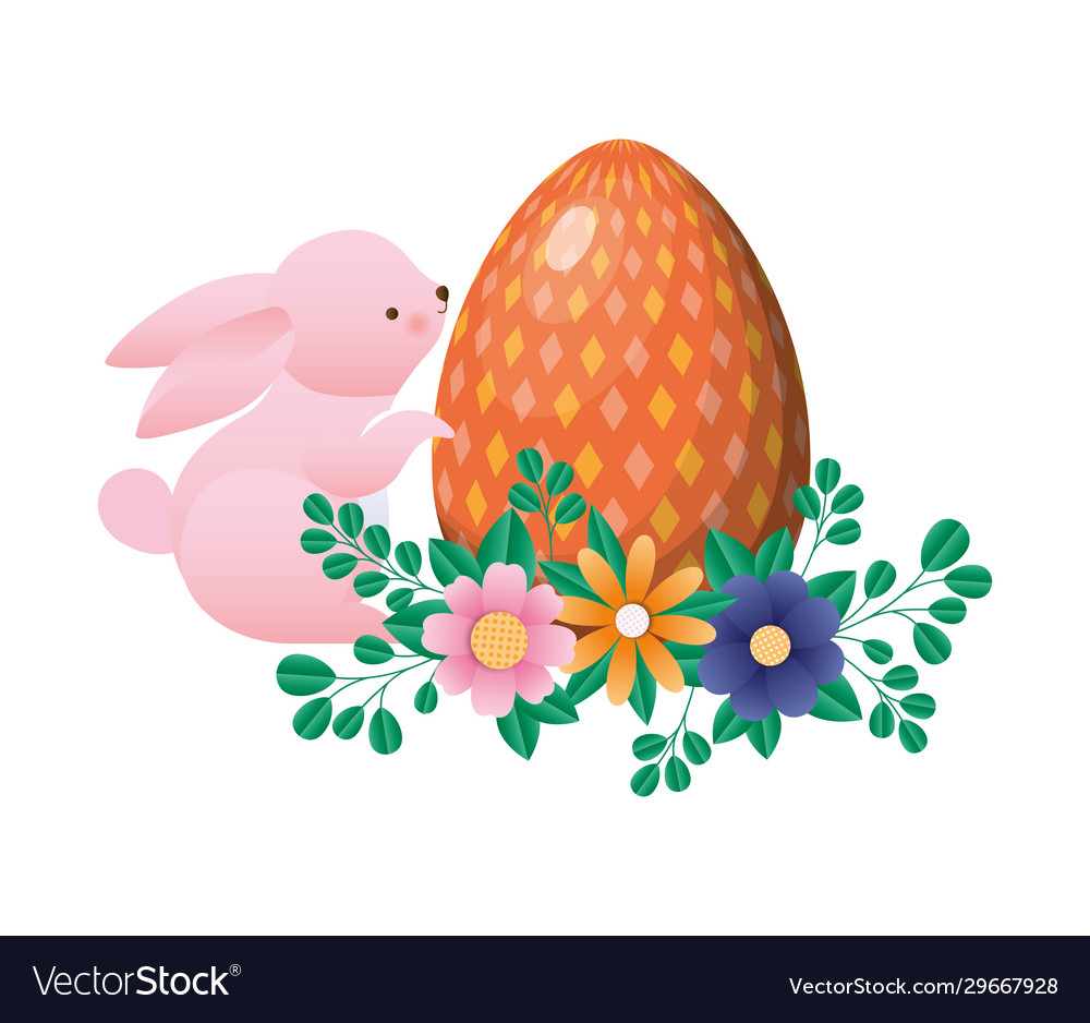 Happy easter rabbit with egg flowers and leaves Vector Image