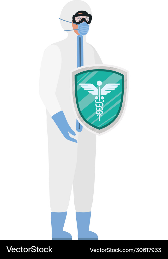 Doctor with protective suit and shield against Vector Image