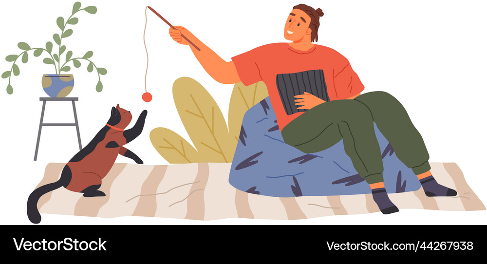Male pet owner with cat training playing Vector Image