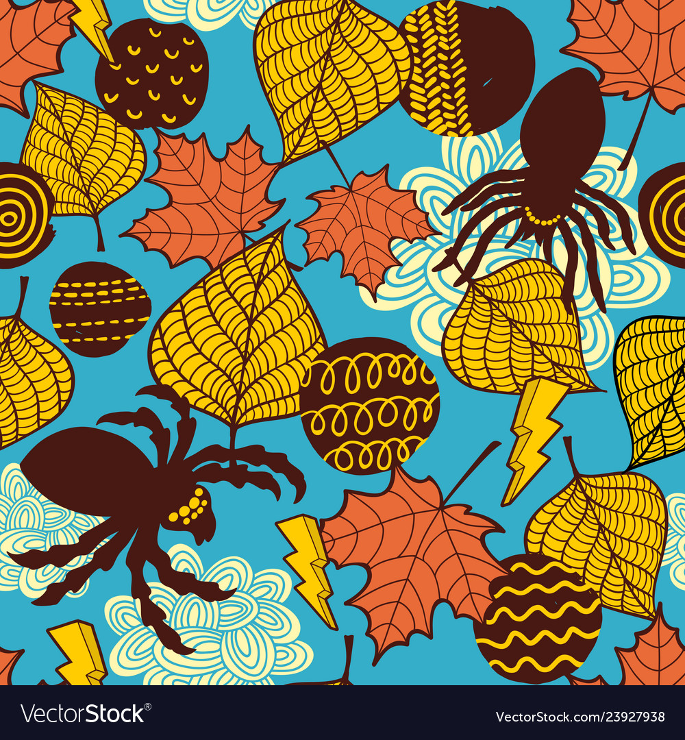 Seamless wallpaper with spiders and autumn leaves Vector Image