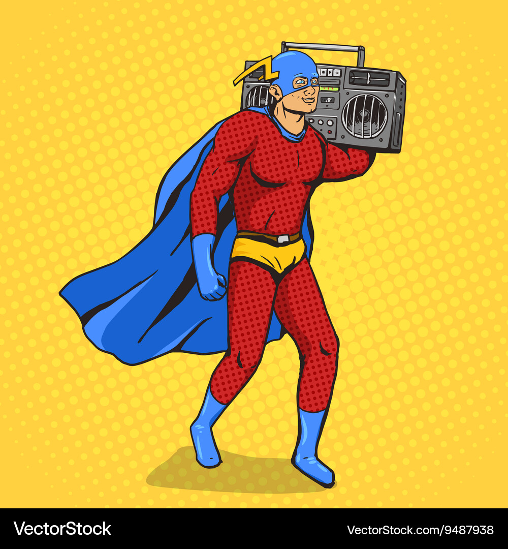 Superhero with radio cassette player Royalty Free Vector