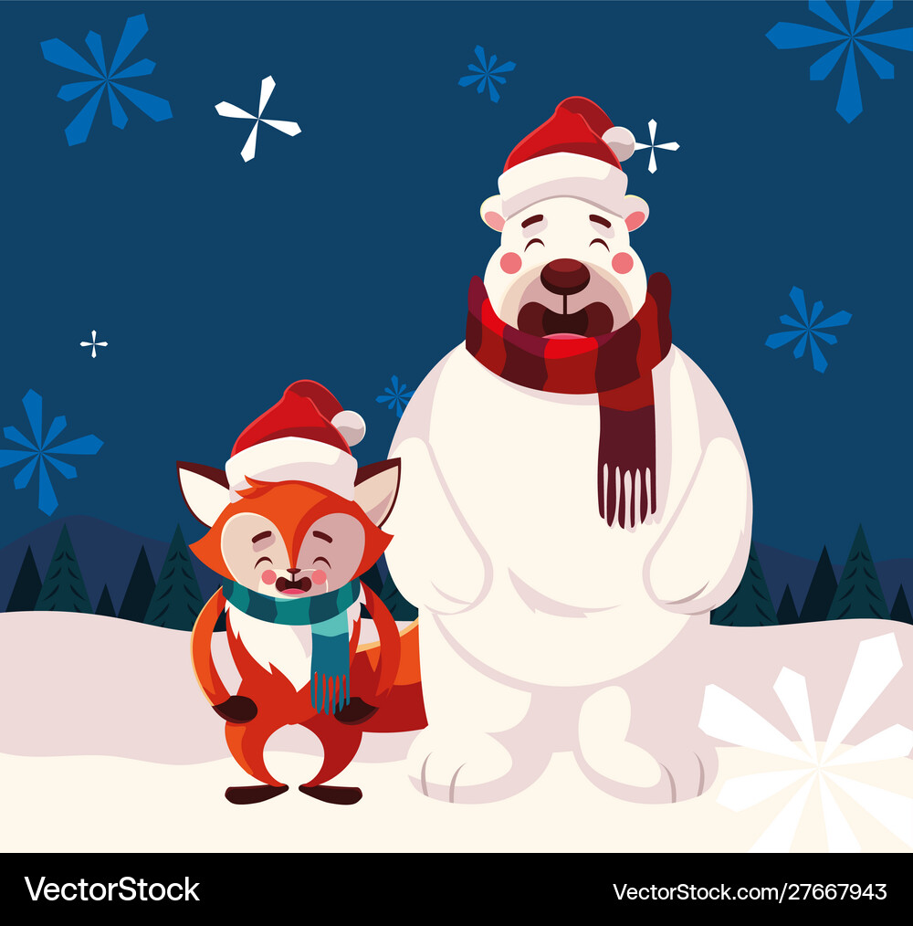 Polar bear and fox with hat in winter landscape Vector Image