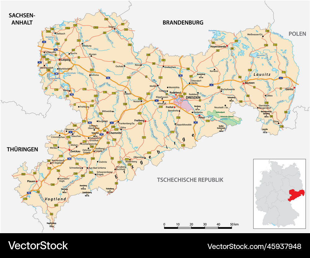 Roadmap of the german state saxony Royalty Free Vector Image