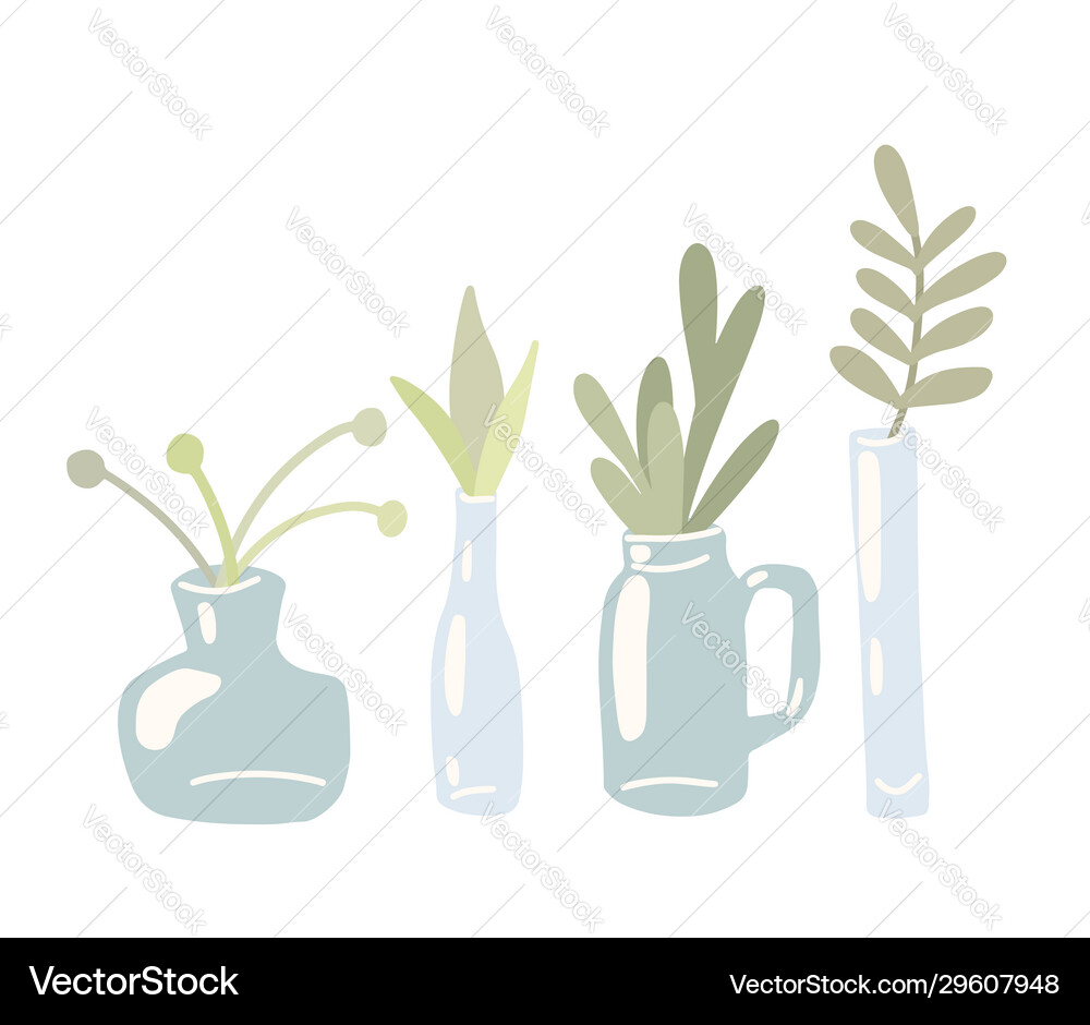 Set flat hand drawn glass vases and cans Vector Image