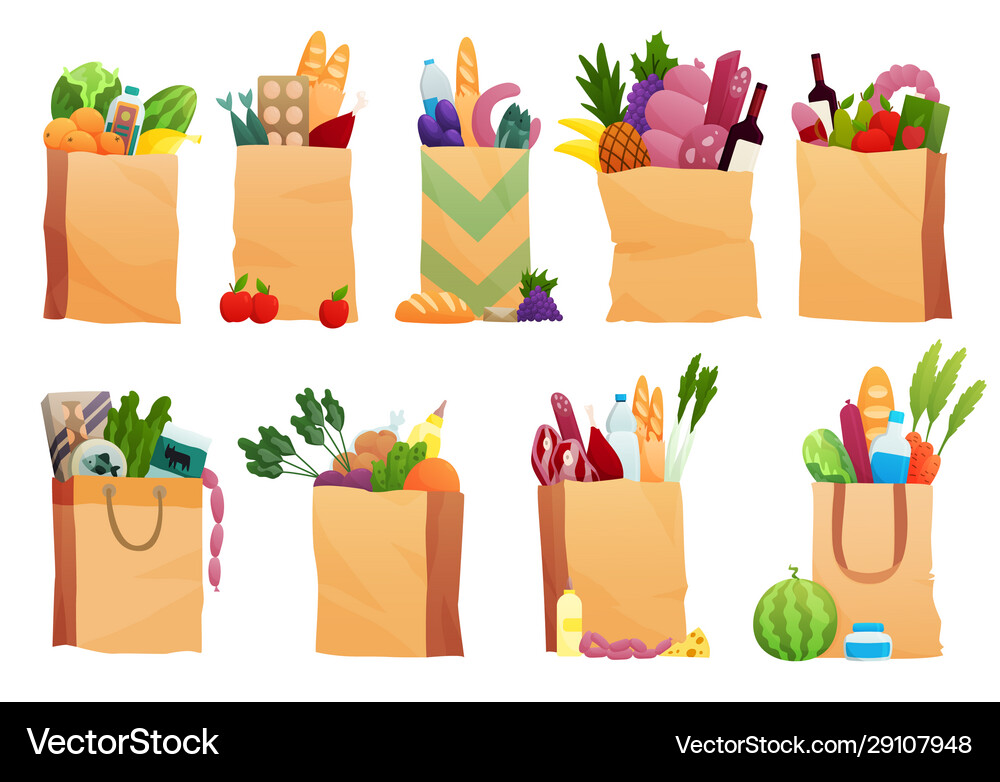 Set paper bag with fresh food Royalty Free Vector Image