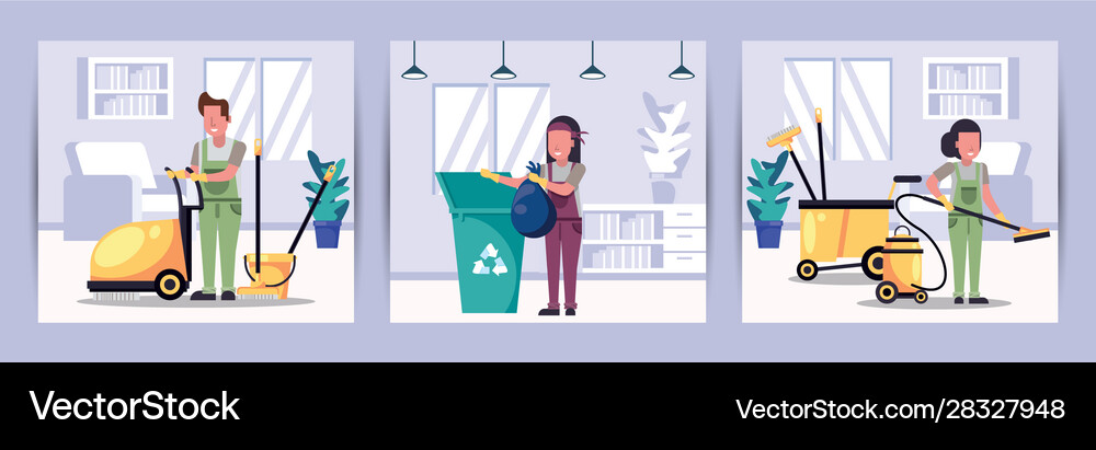 Team workers housekepping with equipment Vector Image