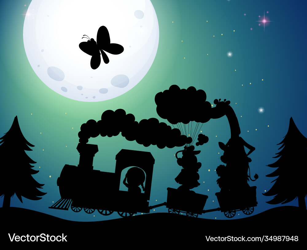 Train travel at night silhouette scene Royalty Free Vector
