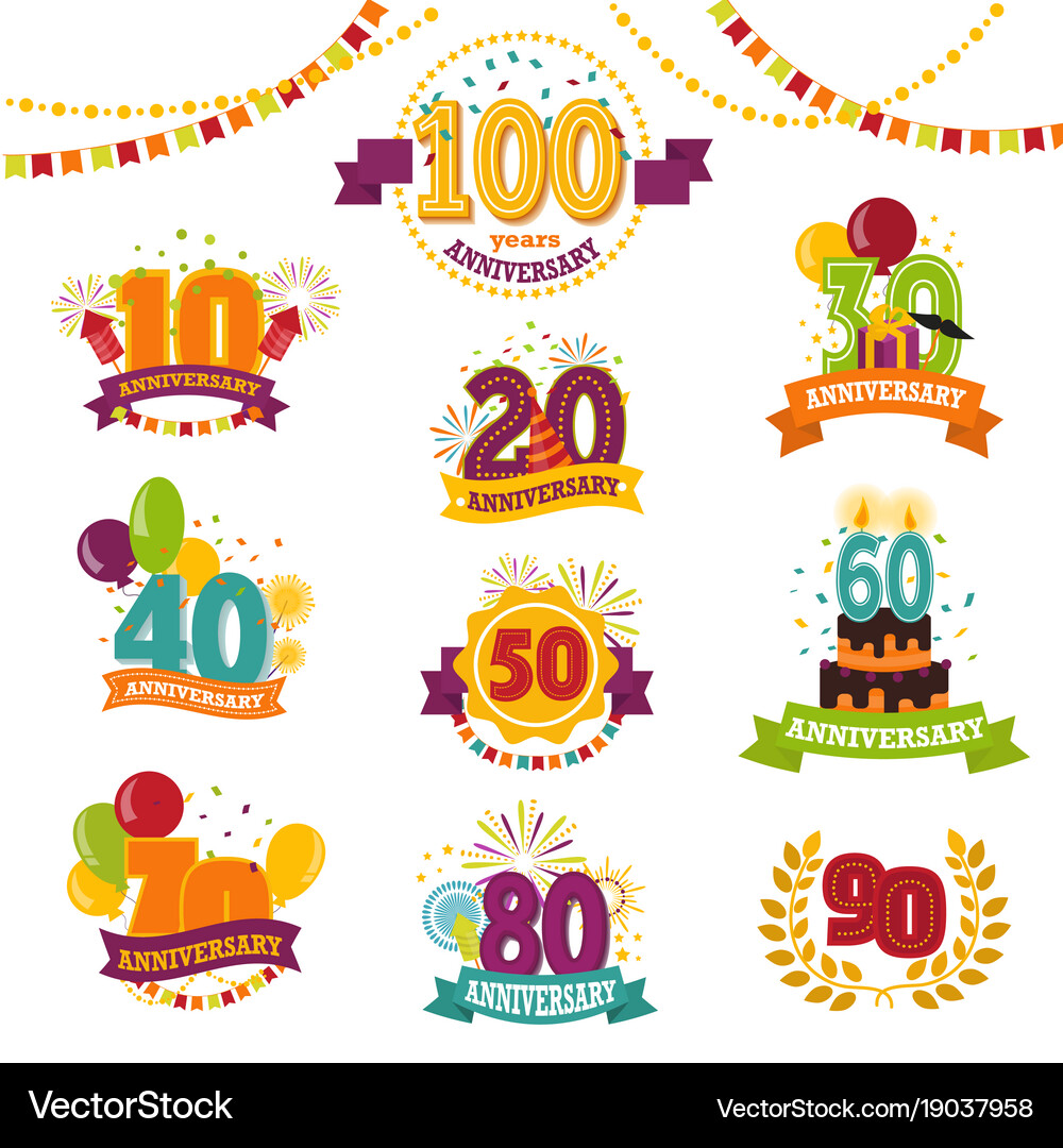 Anniversary badges set birthday numbers Royalty Free Vector