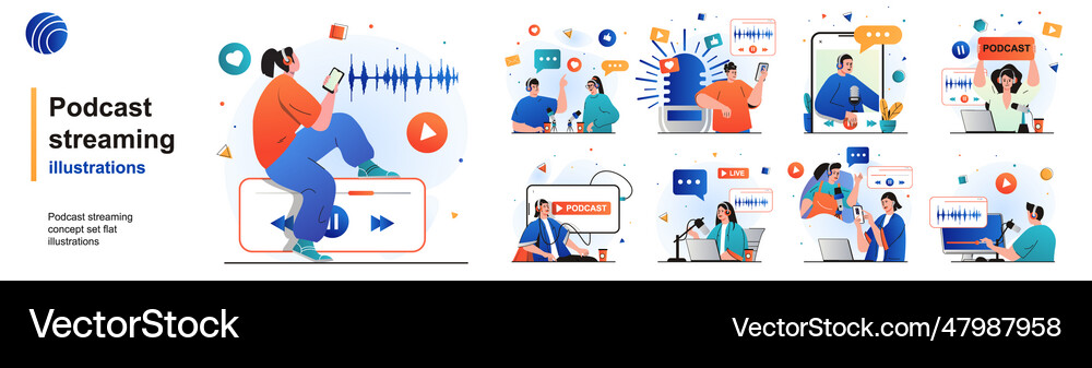 Podcast streaming isolated set online broadcast Vector Image