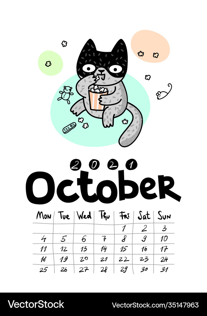 Calendar page with cute cat on white background Vector Image