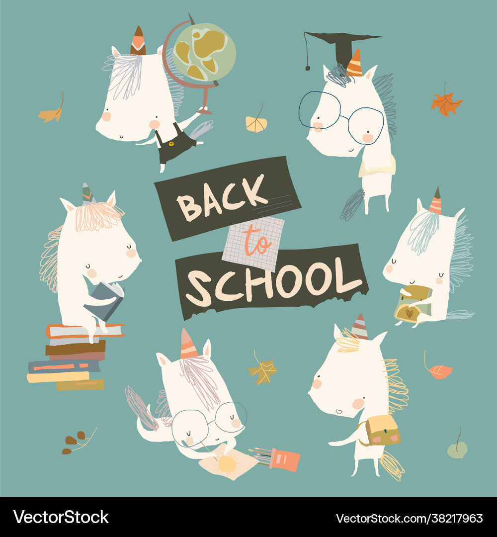 Happy cartoon unicorns going back to school Vector Image