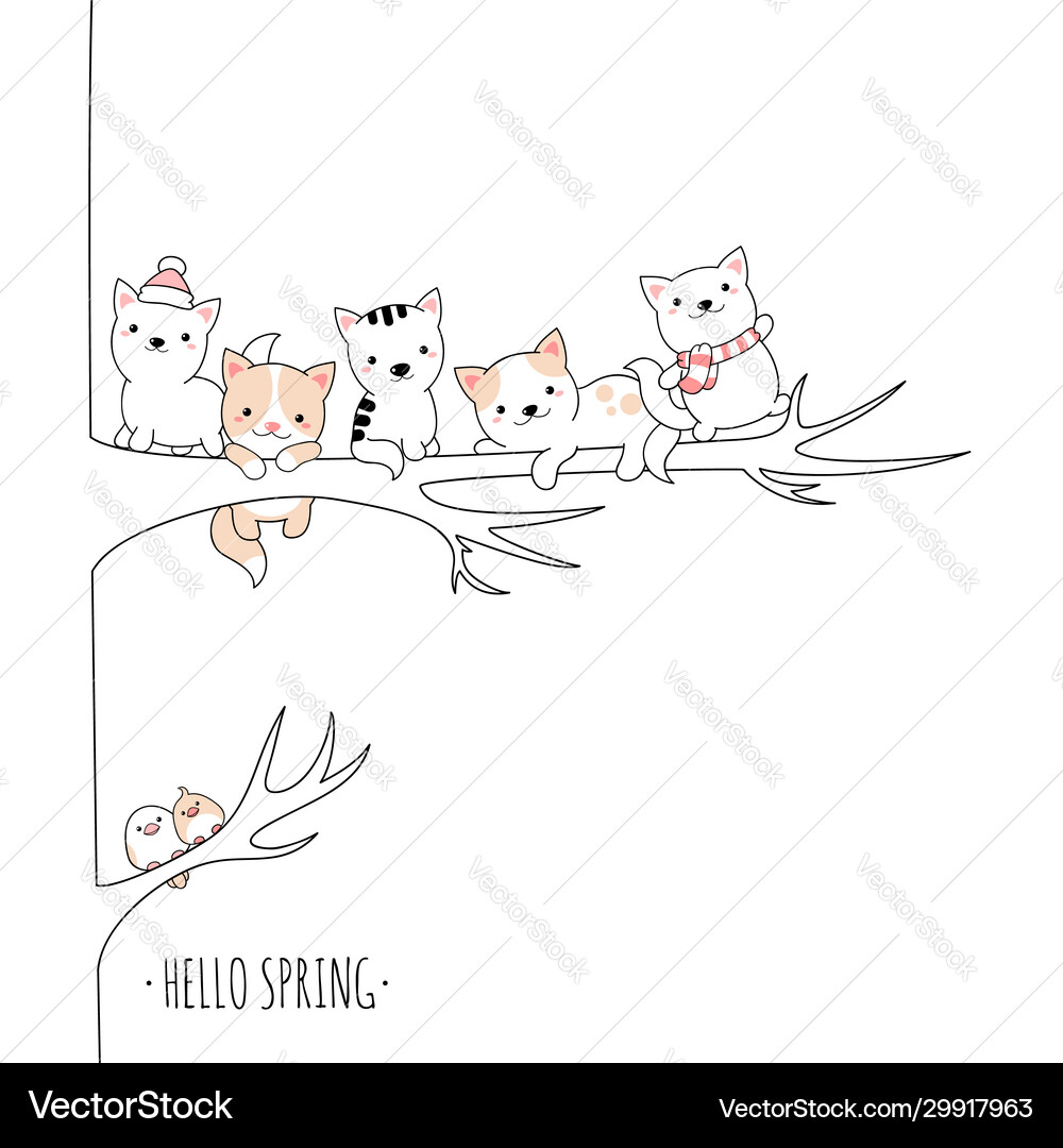 Hello spring group cute animals in kawaii style Vector Image