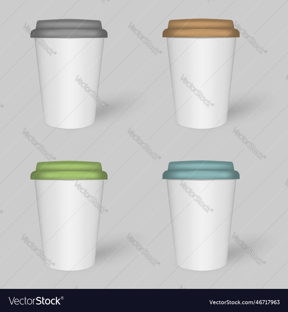 White coffee cup with colored lid - travel mugs Vector Image