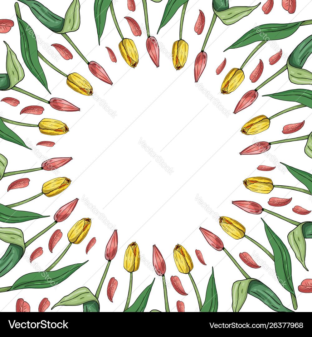 Round frame with pink and yellow tulips Royalty Free Vector