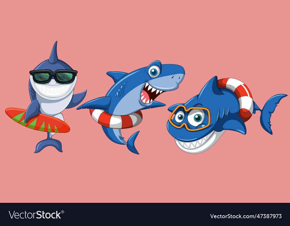 Set of summer shark cartoon character Royalty Free Vector