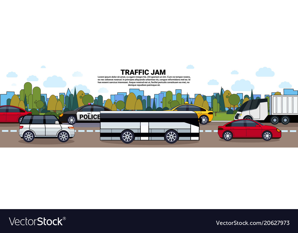 Traffic jam poster with cars and bus on road over Vector Image
