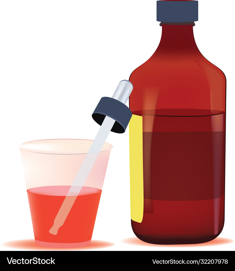 Glass container containing red syrup to relieve Vector Image