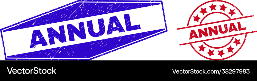 Annual grunged badges in circle and hexagonal Vector Image