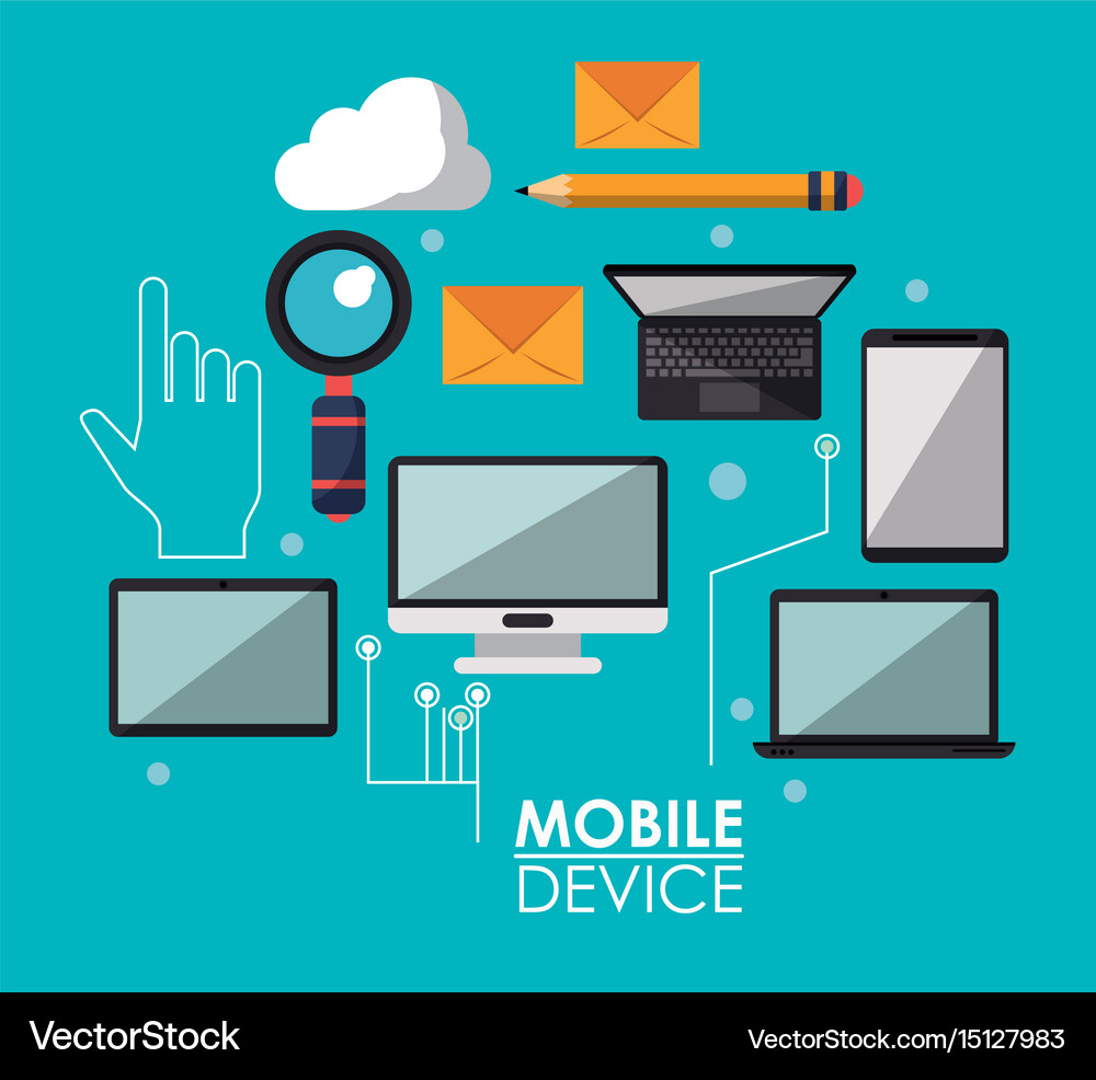 Blue poster with common mobile devices and icons Vector Image