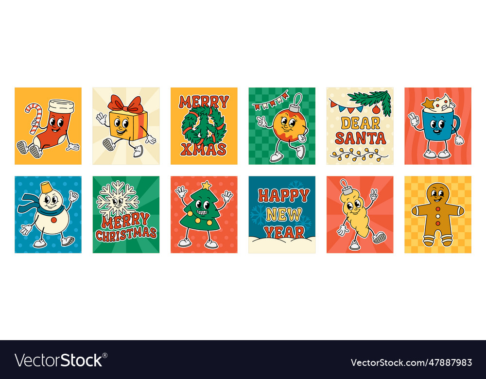 Christmas retro characters posters set Royalty Free Vector