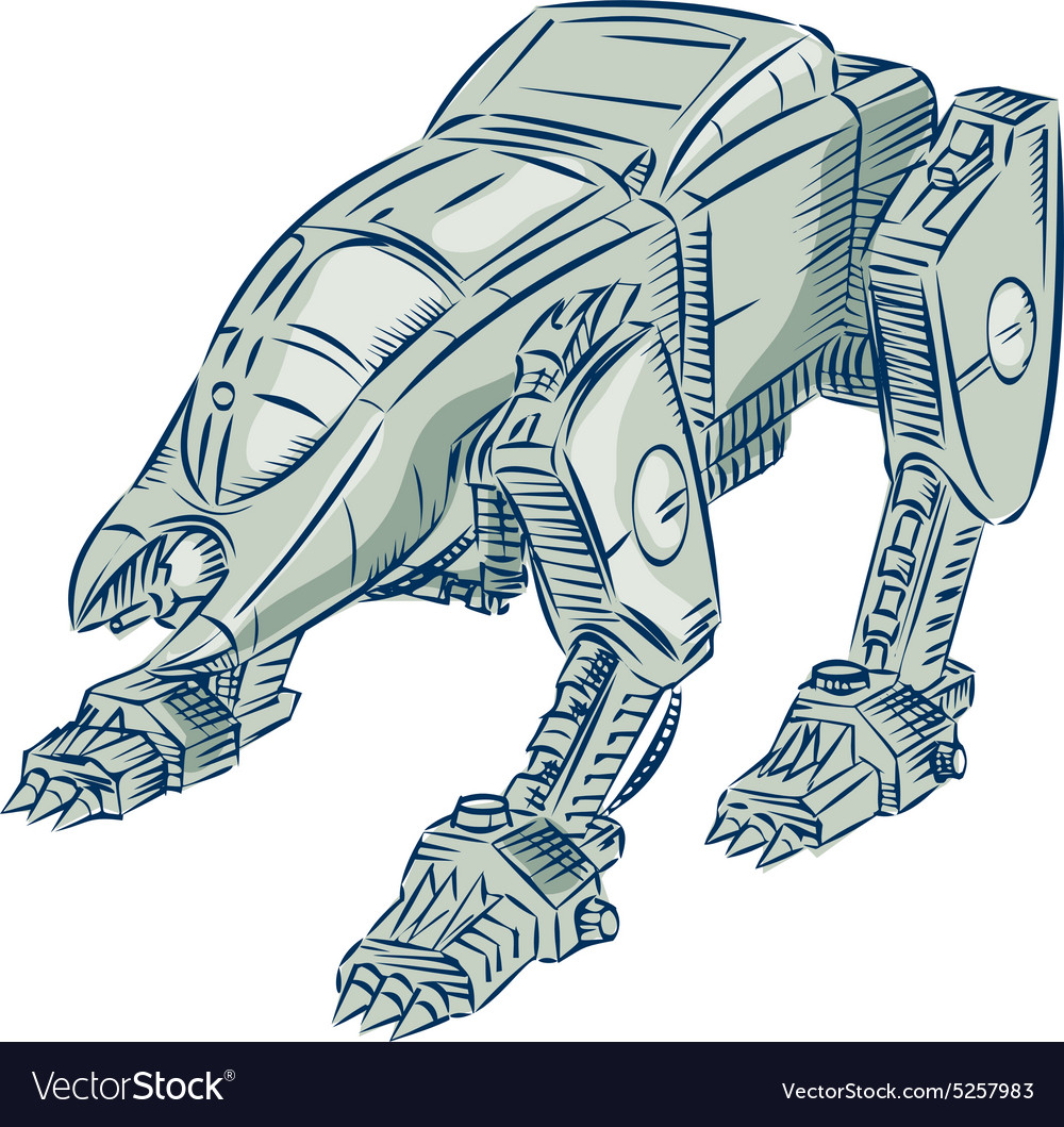 Mecha bot high angle etching Royalty Free Vector Image