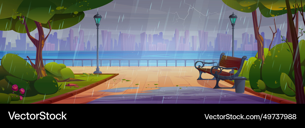 City park with pathway and bench in rain Vector Image