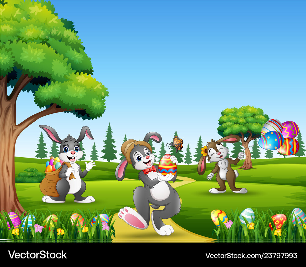 Cartoon bunnies holding decorated eggs on easter b