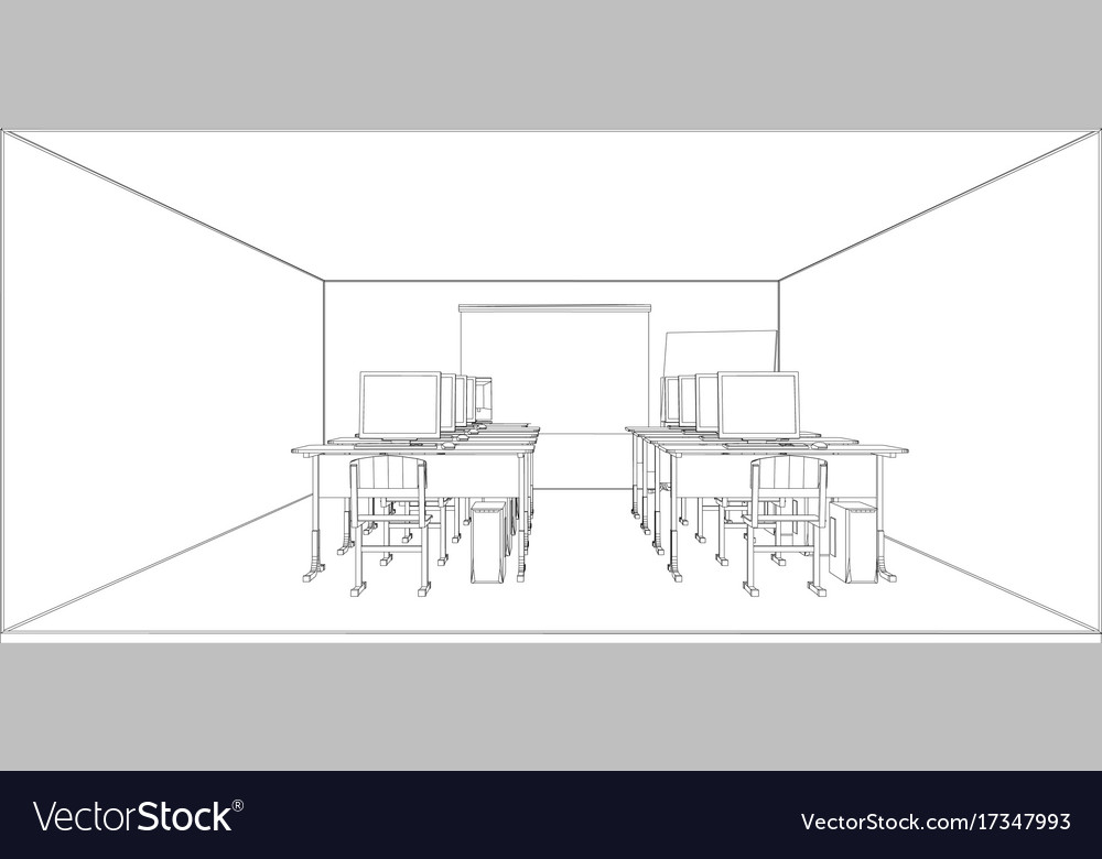 Computer class with tables and computers Vector Image