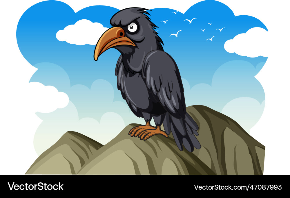 Crow on a rock mound in cartoon style Royalty Free Vector