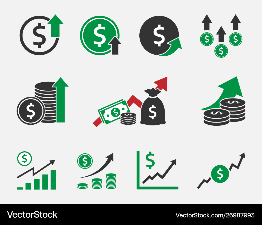 Dollar rate increase currency growth icon set Vector Image