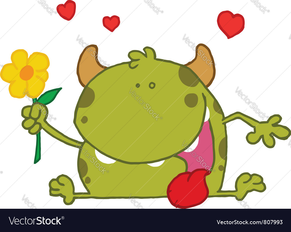 Happy green monster holding a yellow flower Vector Image
