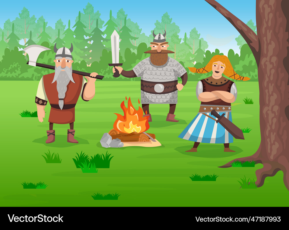 Vikings in nature cartoon Royalty Free Vector Image
