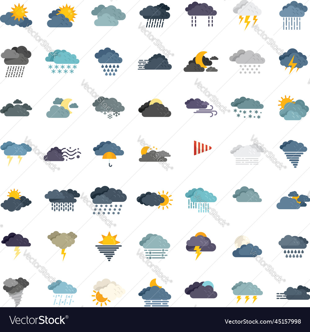 Cloudy weather icons set flat climate air Vector Image