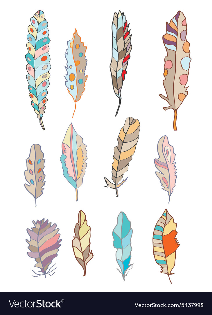 Feathers set with different patterns Royalty Free Vector