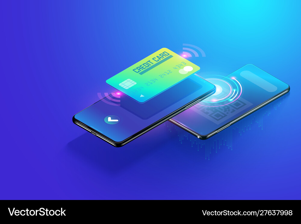 Isometric payment though smartphone with scan qr Vector Image
