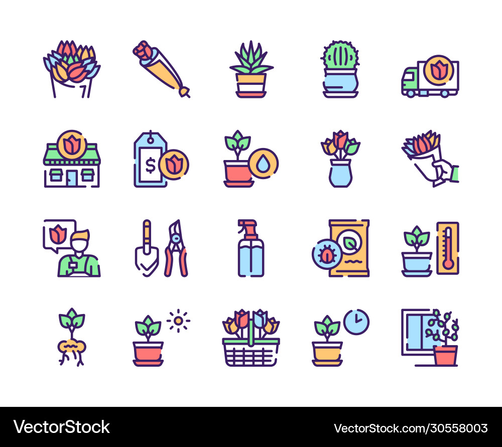 Flowers symbols color linear icon set Royalty Free Vector