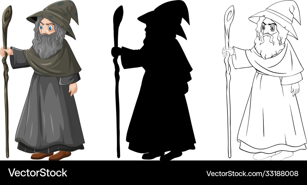 Wizard in color and outline silhouette Royalty Free Vector